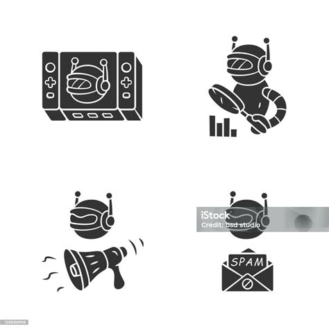 웹 로봇 문말 아이콘 설정 게임 선전 모니터링 스팸 봇 인공 지능 Ai 가상 현실 스팸 공격 실루엣 기호입니다 벡터 절연 그림 0명에 대한 스톡 벡터 아트 및 기타 이미지