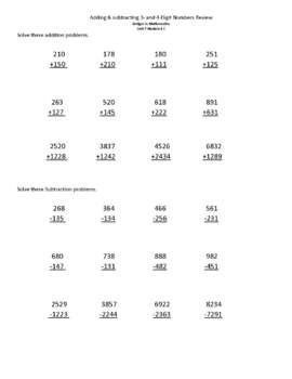 Adding And Subtracting With 3 And 4 Digit Numbers Review TPT