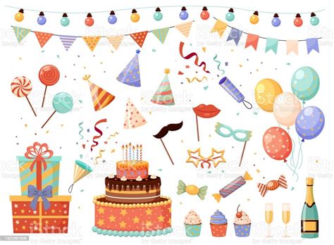 생일 파티 장식 만화 휴일 요소 세트 깃발 이나 빛 화환 카니발 마스크와 선물 색종이가 있는 크래커 풍선의 무리 벡터 축제
