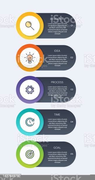 아이콘과 5 옵션 또는 단계가있는 수직 인포 그래픽 디자인 얇은 선 인포 그래픽 비즈니스 개념 정보 그래픽 순서도 프리젠 테이션 모바일 웹 사이트 인쇄물에 사용할 수