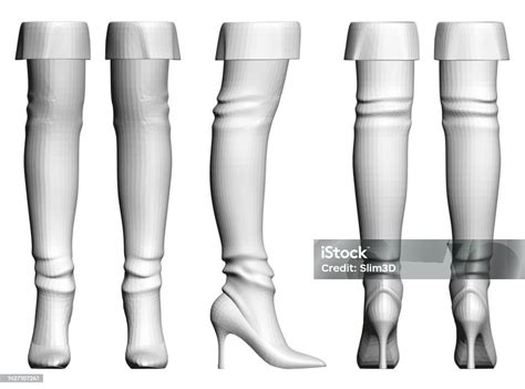 흰색 배경에 고립 된 하이힐이있는 여성 하이 부츠의 다각형 모델로 설정됩니다 전면 측면 후면보기 3d 벡터 일러스트레이션 발에 대한 스톡 벡터 아트 및 기타 이미지 Istock
