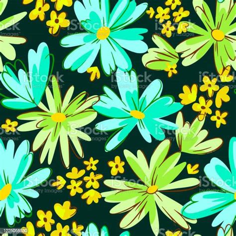 데이지와 원활한 패턴 혼합 된 작고 큰 꽃 머리 장식 현대 평면 디자인의 밝은 여름 식물 배경 패턴에 대한 스톡 벡터 아트 및 기타 이미지 Istock