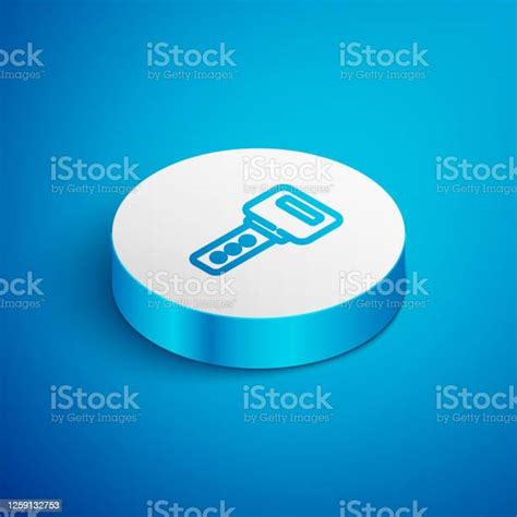 파란색 배경에 격리된 등색 선 하우스 키 아이콘입니다 흰색 원 버튼 벡터 3차원 형태에 대한 스톡 벡터 아트 및 기타 이미지 3차원 형태 금고 보안 장비 누름 버튼