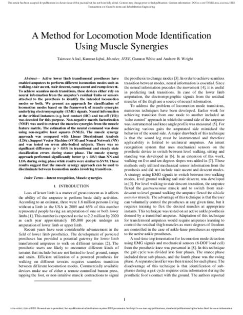 Pdf A Method For Locomotion Mode Identification Using Muscle Synergies