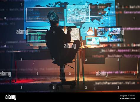 Woman Hacking And Cybersecurity Hologram Map And Screen With Malware