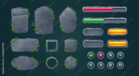 Stone Game Menu Elements Cartoon Rock Gui Boards And Buttons With