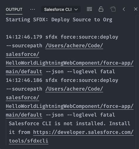 deploy source to org shows salesforce cli not installed running same command in terminal