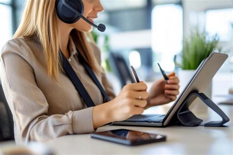 Female Employee Call Center Video Link And Tech Support Employee Uses Headset And Webcam