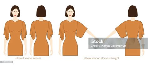 옷 소매 팔꿈치 길이 옷 캐릭터 아름 다운 숙녀 황토색 탑 셔츠 드레스 테크니컬 패션 일러스트 장착 플랫 의류 템플릿 앞면 뒷면 여성 남성 남녀 공용 Cad 모형 T 셔츠에