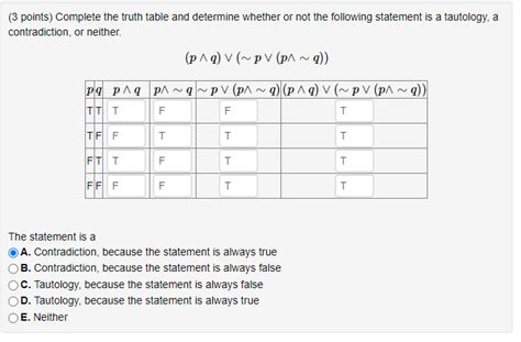 Solved 3 Points Complete The Truth Table And Determine