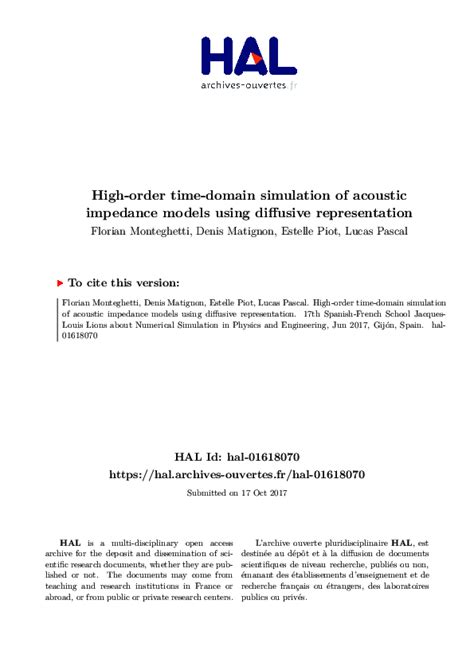 Pdf High Order Time Domain Simulation Of Acoustic Impedance Models Using Diffusive