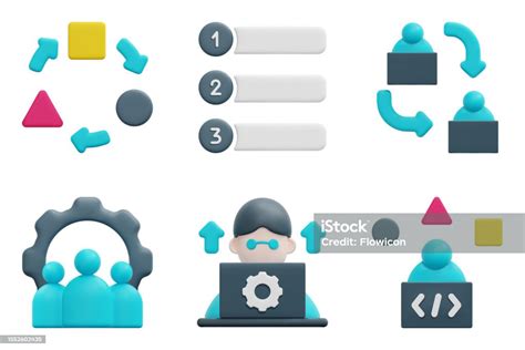 민첩한 3d 벡터 아이콘 세트입니다 위임 의존성 유연성 우선 순위 팀 작업 흰색 배경에 격리되어 있습니다 3d 아이콘 벡터