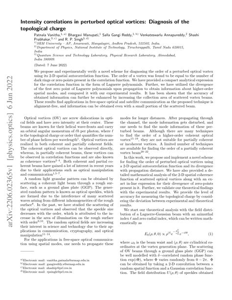 Pdf Intensity Correlations In Perturbed Optical Vortices Diagnosis Of The Topological Charge