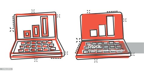 만화 스타일의 노트북 차트 아이콘 흰색 격리 된 배경에 Seo 데이터 만화 벡터 그림 컴퓨터 다이어그램 스플래시 효과 비즈니스