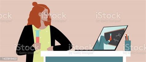 현대 도서관의 여학생 노트북에 온라인 강의가있는 평면 데스크톱 일러스트 레이 션 가상현실에 대한 스톡 벡터 아트 및 기타 이미지 가상현실 개념 교습 Istock
