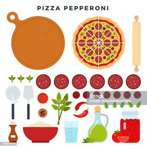 피자 페퍼로니와 그것을 요리하기위한 모든 재료 피자를 만드세요 피자 만들기를위한 제품 및 도구 세트 벡터 그림입니다 고기에 대한
