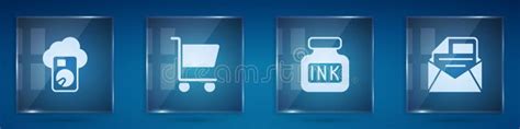 Set Cloud Database Shopping Cart Inkwell And Mail And E Mail Square Glass Panels Vector