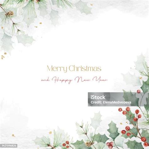 녹색 잎과 홀리 열매가있는 수채화 크리스마스 벡터 카드 인사말 카드 표지 전단지 엽서 디자인 새해 초대장 결혼식을위한 보편적 인 예술적 템플릿 0명에 대한 스톡 벡터 아트