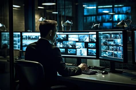 Premium Photo Multitasking Businessman Monitoring CCTV Camera Footage
