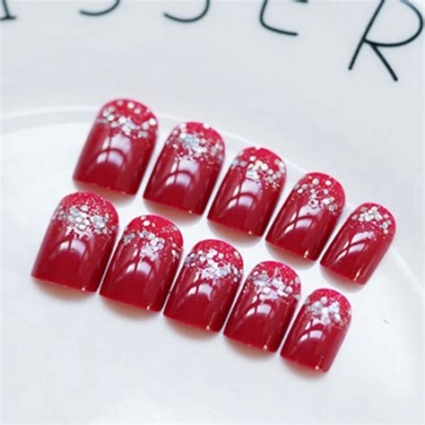 24 шт поддельная пудра для ногтей с блестками дизайн ярко красный короткий квадратный