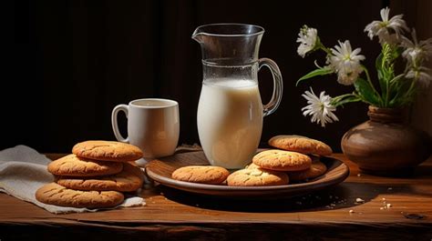 Premium Ai Image Round Biscuits Glass Mug And Jug Of Milk On Wooden Table