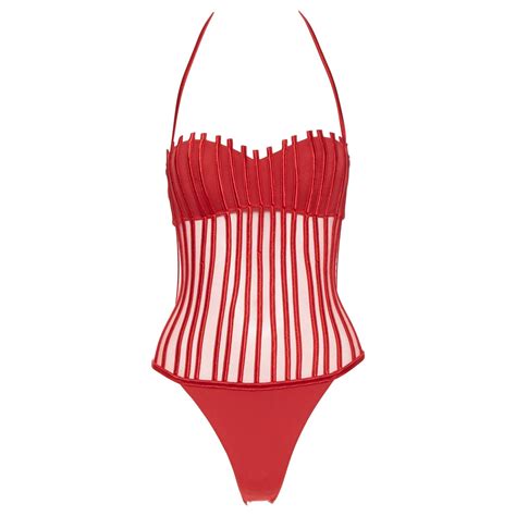 New La Perla Graphique Couture Red Boned Sheer Body Monokini Swimsuit