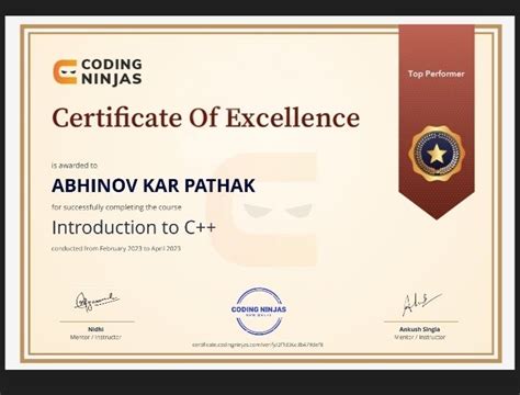 Abhinov Kar Pathak On Linkedin Codingninjas Cplusplusmastery Certificateofexcellence