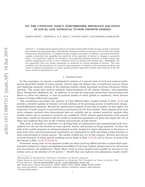 Pdf On The Unsteady Darcy Forchheimer Brinkman Equation In Local And Nonlocal Tumor Growth Models