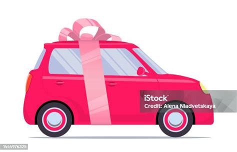 분홍색 리본과 활이 달린 선물로 귀여운 작은 차 격리된 벡터 평면 그림 놀라움에 대한 스톡 벡터 아트 및 기타 이미지 놀라움 디자인 로고 Istock