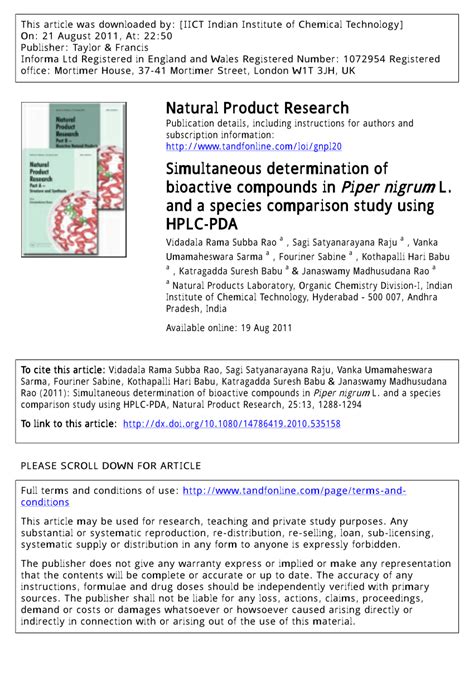 Pdf Simultaneous Determination Of Bioactive Compounds In Piper Nigrum L And A Species
