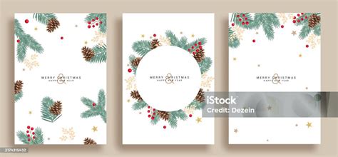 메리 크리스마스 인사말 카드 벡터 포스터 세트 크리스마스 가문비 나무 소나무 가지 및 화환 잎 장식 요소 성탄절 선물에 대한 스톡 벡터 아트 및 기타 이미지 Istock