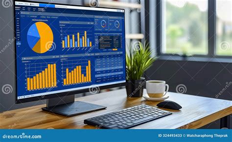 Modern Office Desk With Data Analysis On Monitor Stock Illustration