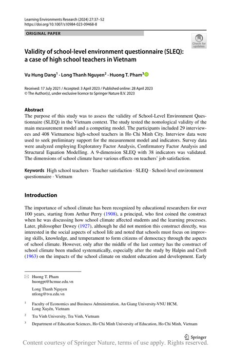 Validity Of School Level Environment Questionnaire Sleq A Case Of