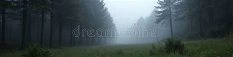Dense Pine Forest With Fog Rolling In Eerie Mood Eerie Grassy Stock