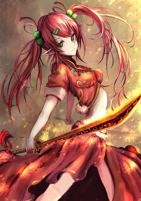 Anime Girl With Red Hair And Red Eyes And Sword