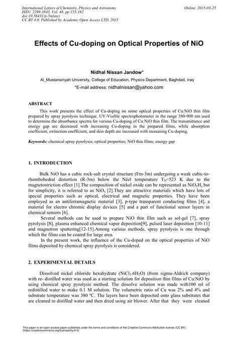Pdf Effects Of Cu Doping On Optical Properties Of Nio
