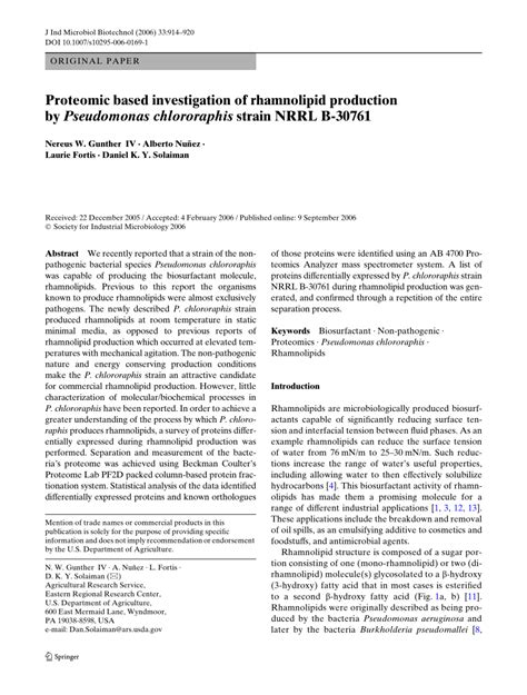 Pdf Proteomic Based Investigation Of Rhamnolipid Production By Pseudomonas Chlororaphis Strain