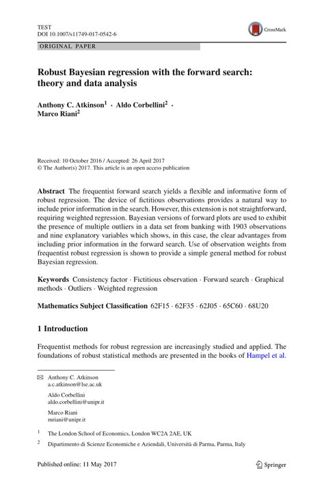 PDF Robust Bayesian Regression With The Forward Search Theory And Data Analysis