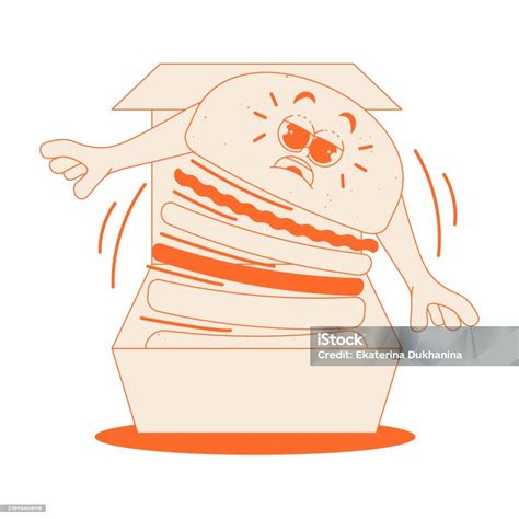 트렌디한 복고풍 그루비 스타일의 도시락에 있는 펑키 버거 캐릭터 얼굴과 손이 있는 사이키델릭 패스트 푸드 마스코트 흑백 팔레트의 멋진 벡터 스티커 70 79세에 대한 스톡