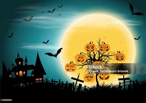 해피 할로윈 공포의 밤 머리 호박 현대 디자인 아이디어 및 개념 벡터 일러스트 인포 그래픽 템플릿 성 나무 잔디 달 무덤 0명에 대한 스톡 벡터 아트 및 기타 이미지
