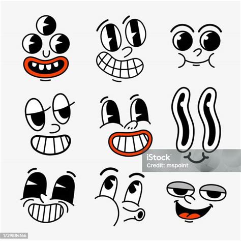 복고풍 만화 캐릭터 재미있는 얼굴 그루비 빈티지 30 대 60 대 70 년대 웃는 얼굴 마스코트 다양한 감정 가공의 인물에 대한 스톡 벡터 아트 및 기타 이미지 Istock