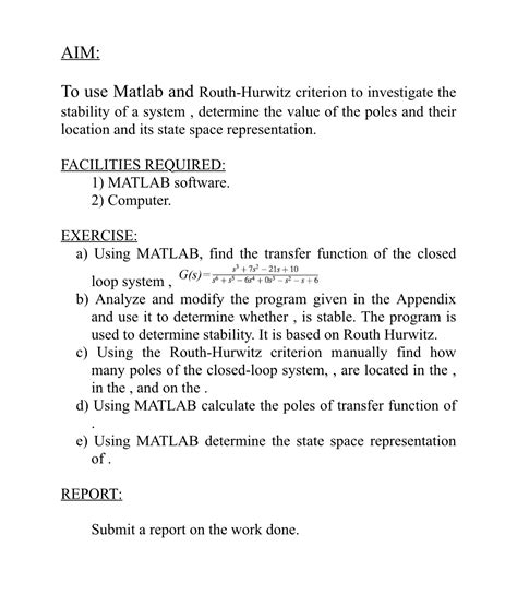 Solved Aim To Use Matlab And Routh Hurwitz Criterion To