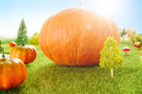 Orange Plastic Pumpkins On A Green Meadow With Green Grass Macro