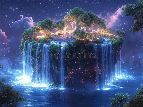 Surreal Floating Island With Cascading Waterfalls At Night Stock
