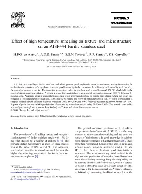 Pdf Effect Of High Temperature Annealing On Texture And Microstructure On An Aisi 444 Ferritic