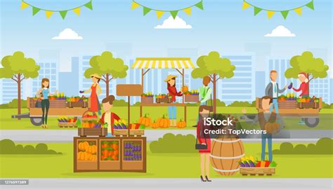 파머스 유기농 시장 천연 에코 과일과 채소 벡터 일러스트를 판매하는 사람들 거리에 대한 스톡 벡터 아트 및 기타 이미지 거리 건강한 생활방식 건강한 식생활 Istock