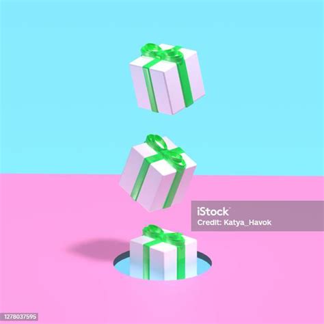 3d 렌더링 분홍색과 파란색 파스텔 배경의 구멍에서 날아 오는 Xmas 선물 상자 겨울 휴가 개념 초현실적 인 예술 3차원 형태에 대한 스톡 사진 및 기타 이미지 Istock