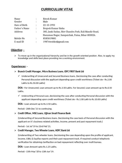 Ritesh Kumar Credit Manger Cv Pdf Loans