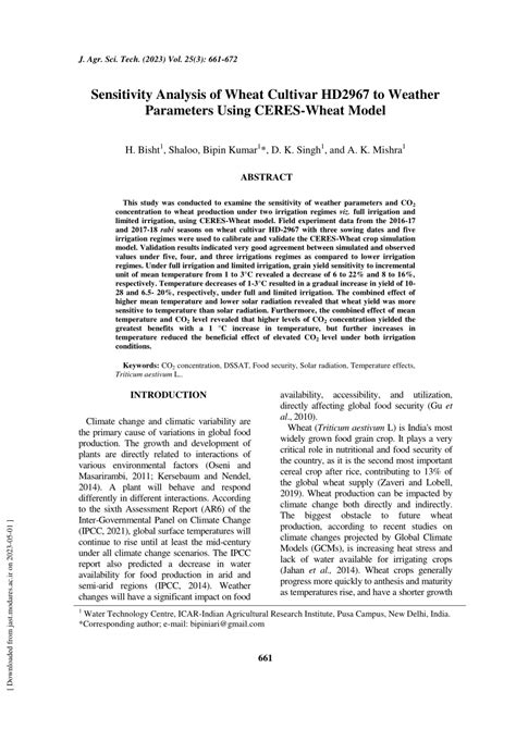 Pdf Sensitivity Analysis Of Wheat Cultivar Hd2967 To Weather Parameters Using Ceres Wheat Model