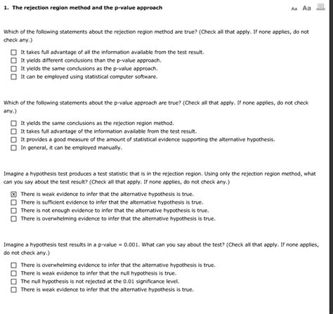 solved 1 the rejection region method and the p value